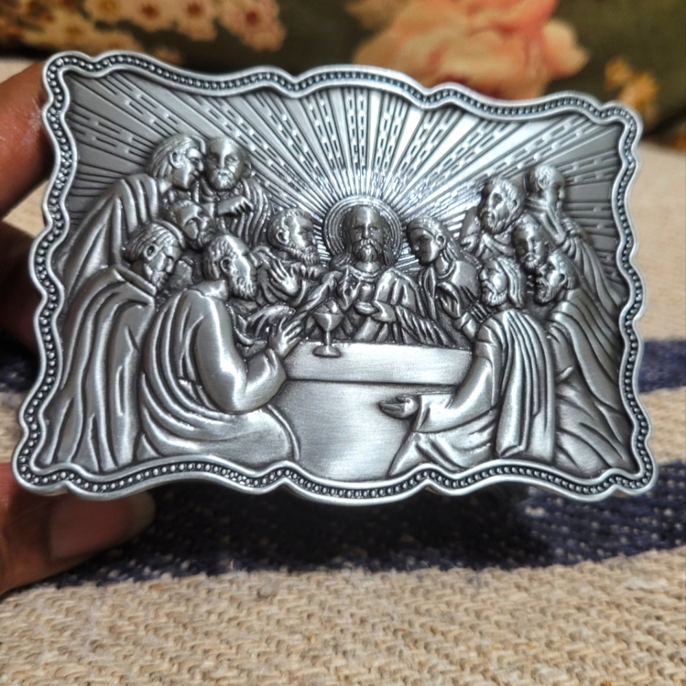 Silver Religious Last Supper Relief Jewelry Box - Gem
